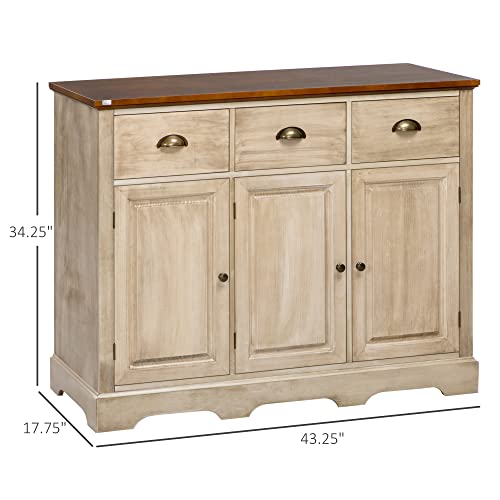 HOMCOM Sideboard Buffet Cabinet with Storage Drawers, Adjustable Shelves, Kitchen Cabinet, Coffee Bar Cabinet, Distressed Natural