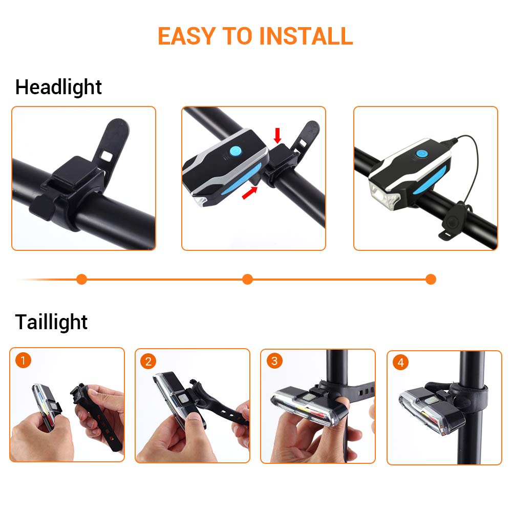 CS Force Bike Light Set, Anti-Theft Alarm Bicycle Front & Tail Light USB Rechargeable Waterproof Cycling Headlight and Taillight Set with 3 Lighting Modes 5 Sounds Loud Siren, Fits Mountain Road Bike