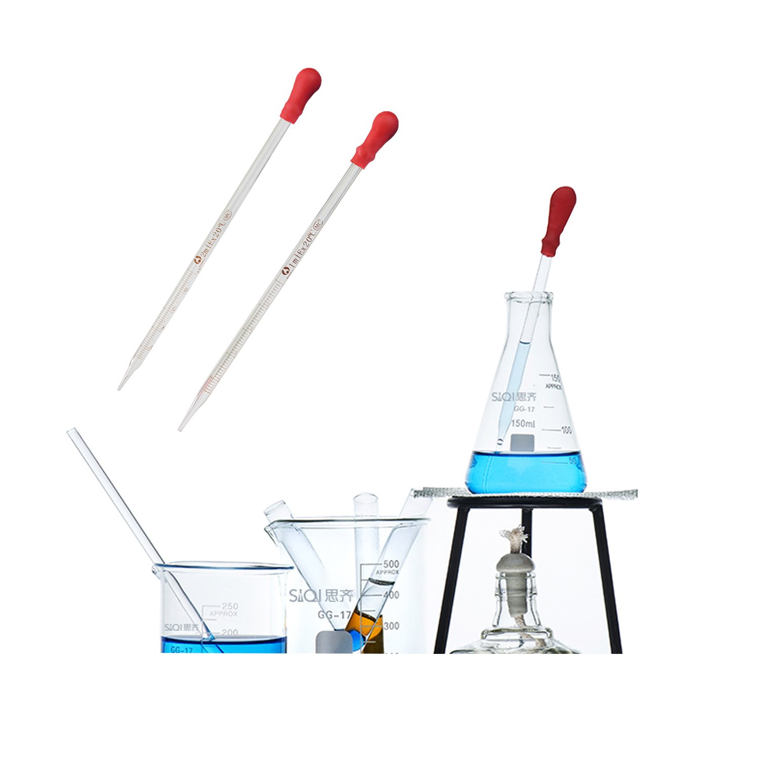 Luckkyme 4pcs Thick Glass Graduated Dropper Pipettes and Liquid Pipettors with Scale Line Silicone Rubber Caps 1ml 2ml 5ml 10ml