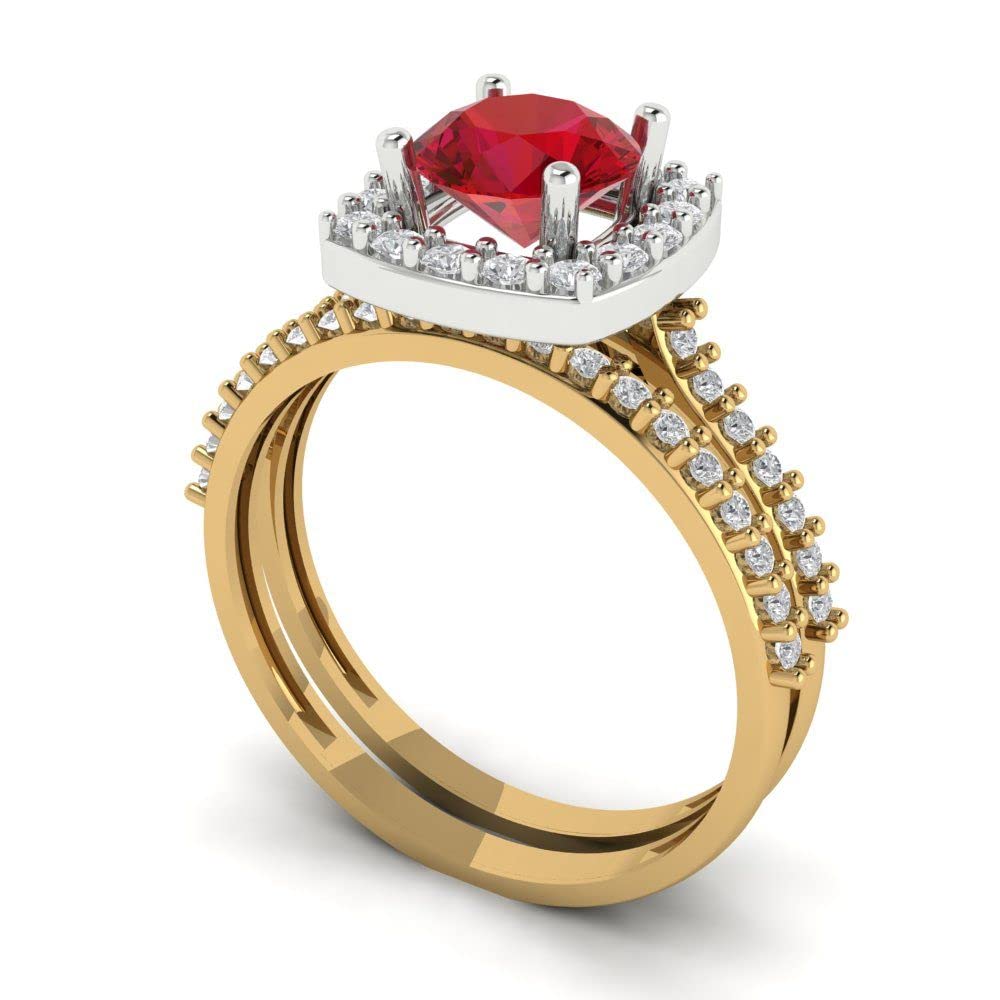 Clara Pucci 2.25ct Round Cut Laser Engraving Halo Pave Halo Ruby Engagement Bridal Wedding Ring Band set 18K Yellow White Gold Size 4.25