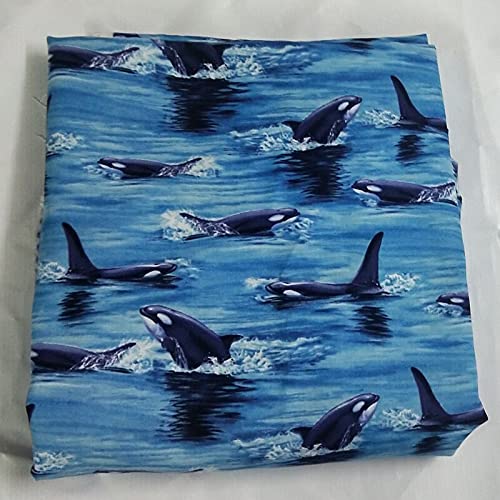 PUMCRAFT Sewing Fabric 100% Cotton Fabric Dolphin in Blue Sea Printed Sewing Cloth Dress Clothing Textile Tissue - 50cm - 105cm Fabric Patchwork Craft