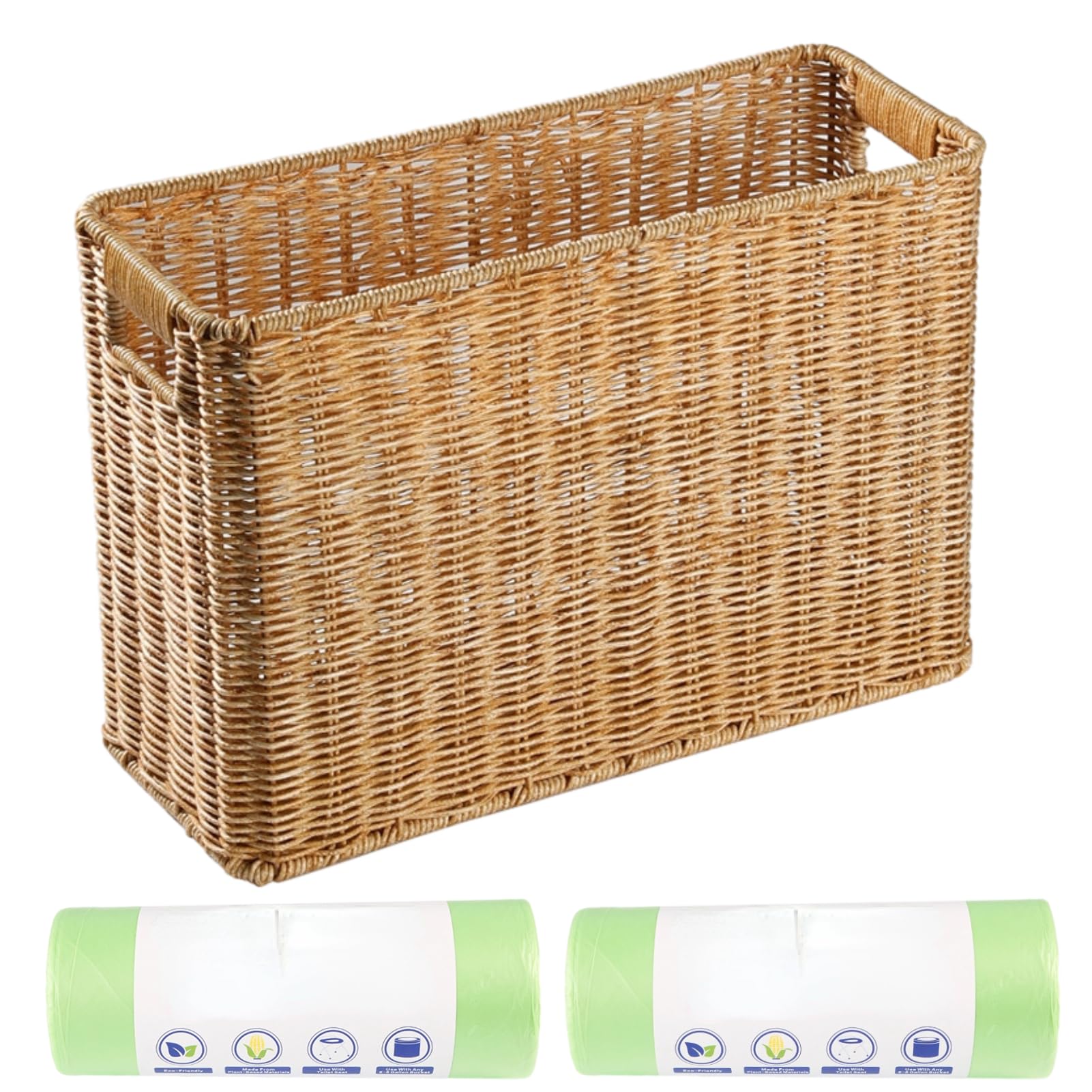GOVNPJ Plastic Wicker Trash Basket, Woven Wastepaper Basket with 60 Garbage Bags Brown Bathroom Trash Can Large Wastebasket, Trash Can Slim Narrow Boho Trash Can for Laundry Office(15 * 6 * 10inch)