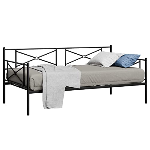 KOMFOTT Metal Daybed Frame, Twin Bed Frame with Steel Slats Support, Sofa Mattress Foundation with Headboard, No Box Spring Needed, Multifunctional Platform Bed Frame Fits Twin Mattress (Black)