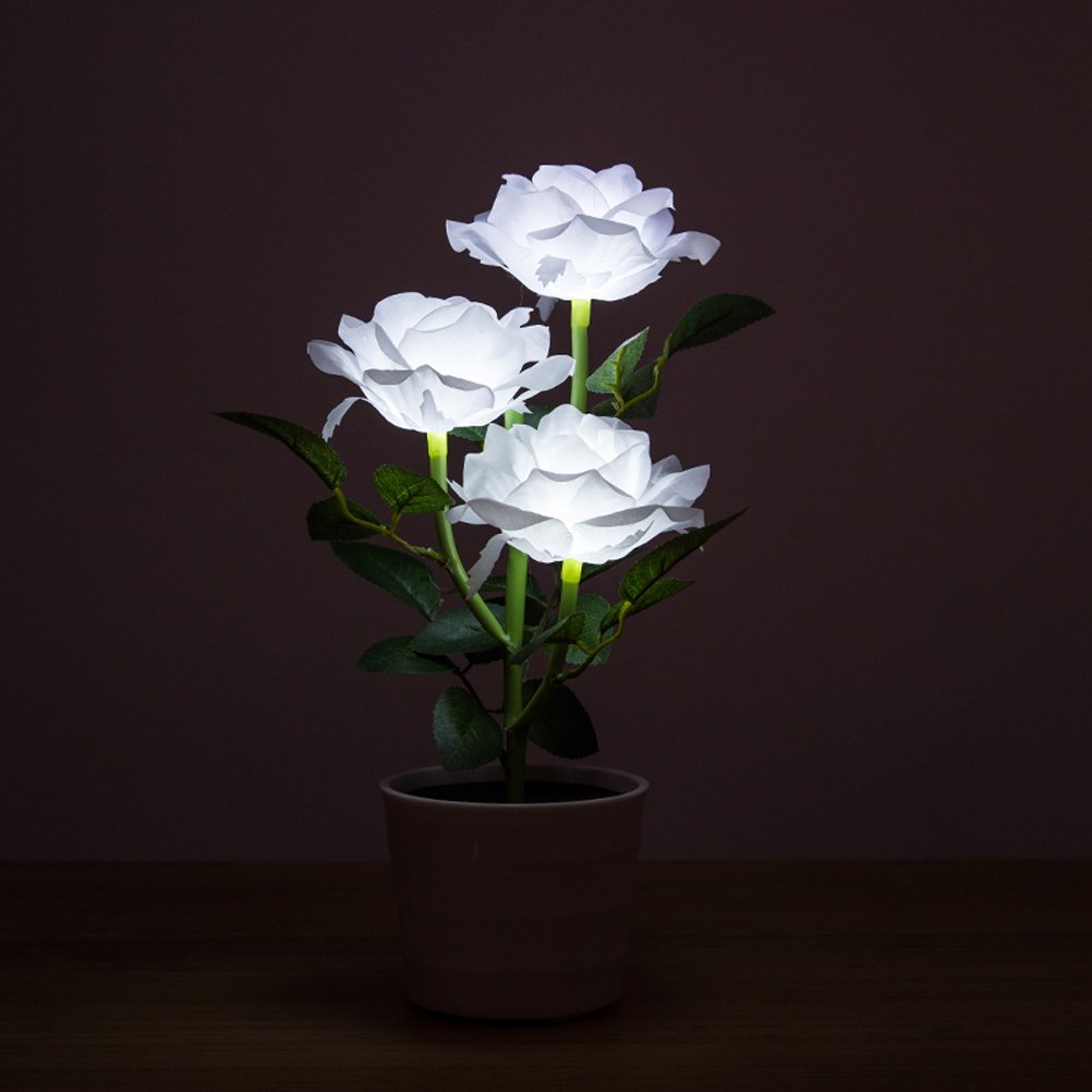 Solar Pot LED Light Rose Table Lamp 3 Lights LED Flexible Desk Lamp for Room Decoration (White)