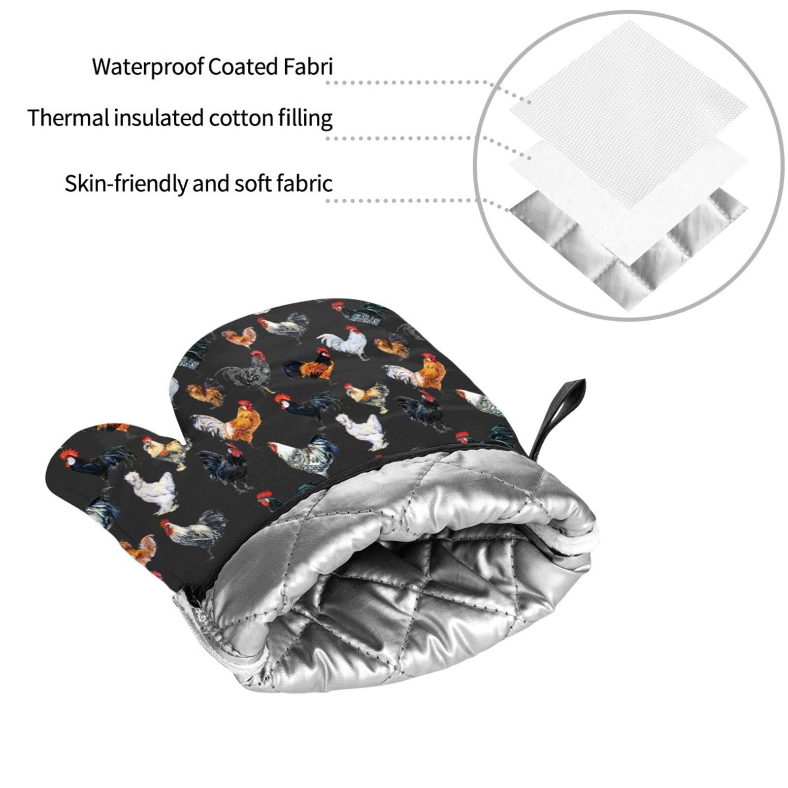 DONMYER Chicken Oven Mitts and Pot Holders Sets of 4 Rooster Oven Gloves Set Cock Kitchen Mitts Heat Resistant Farmhouse Potholders for Kitchen Baking Grilling