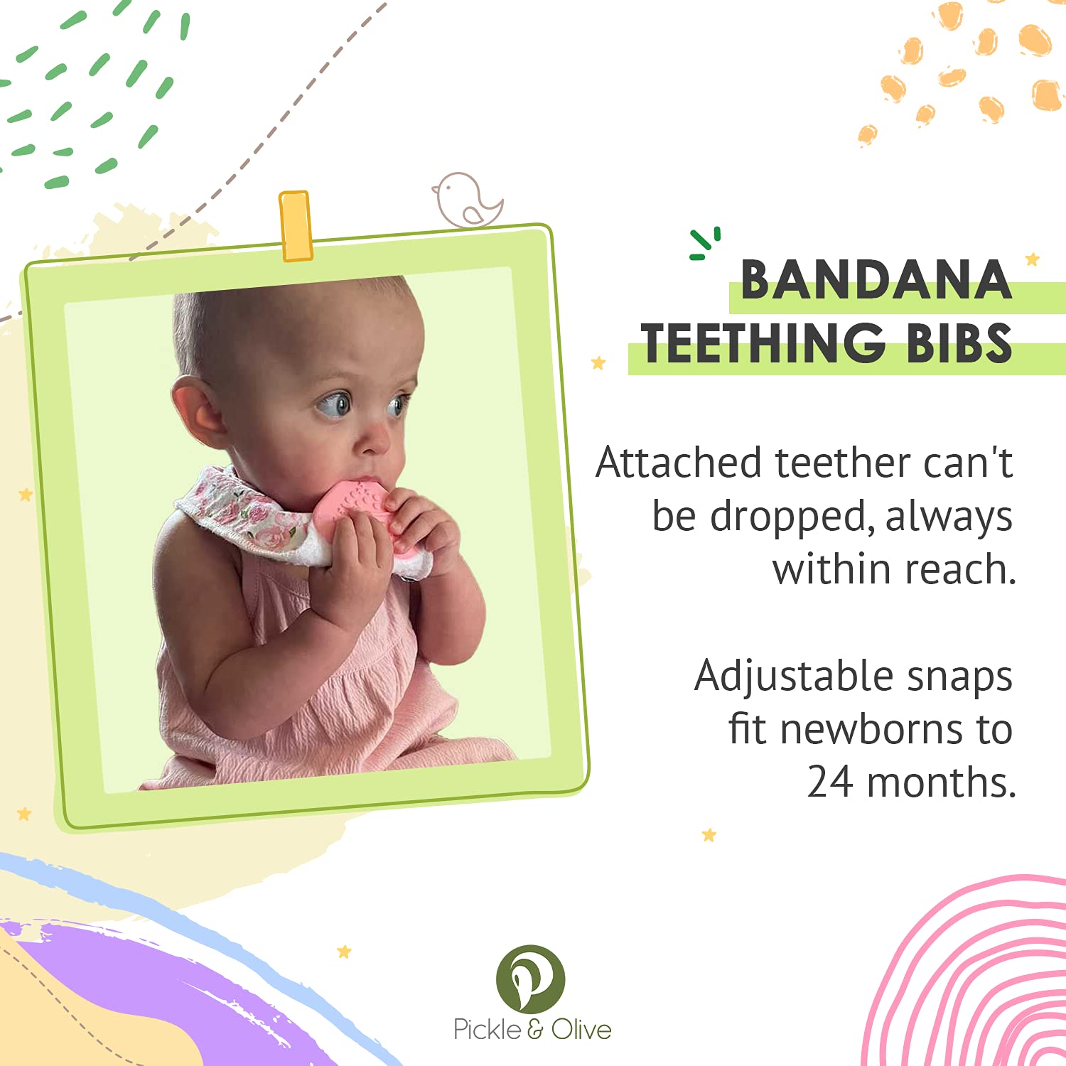 Pickle & Olive Baby Bandana Teething Bibs with Attached Teether- Set of 4 - Floral