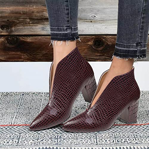 FASDNENDYS Fashion Autumn Women Boots Chunky Heel Mid Heel Print Solid Color Pointed Toe Comfortable Slip On Women's Shoes Size 13 Wine