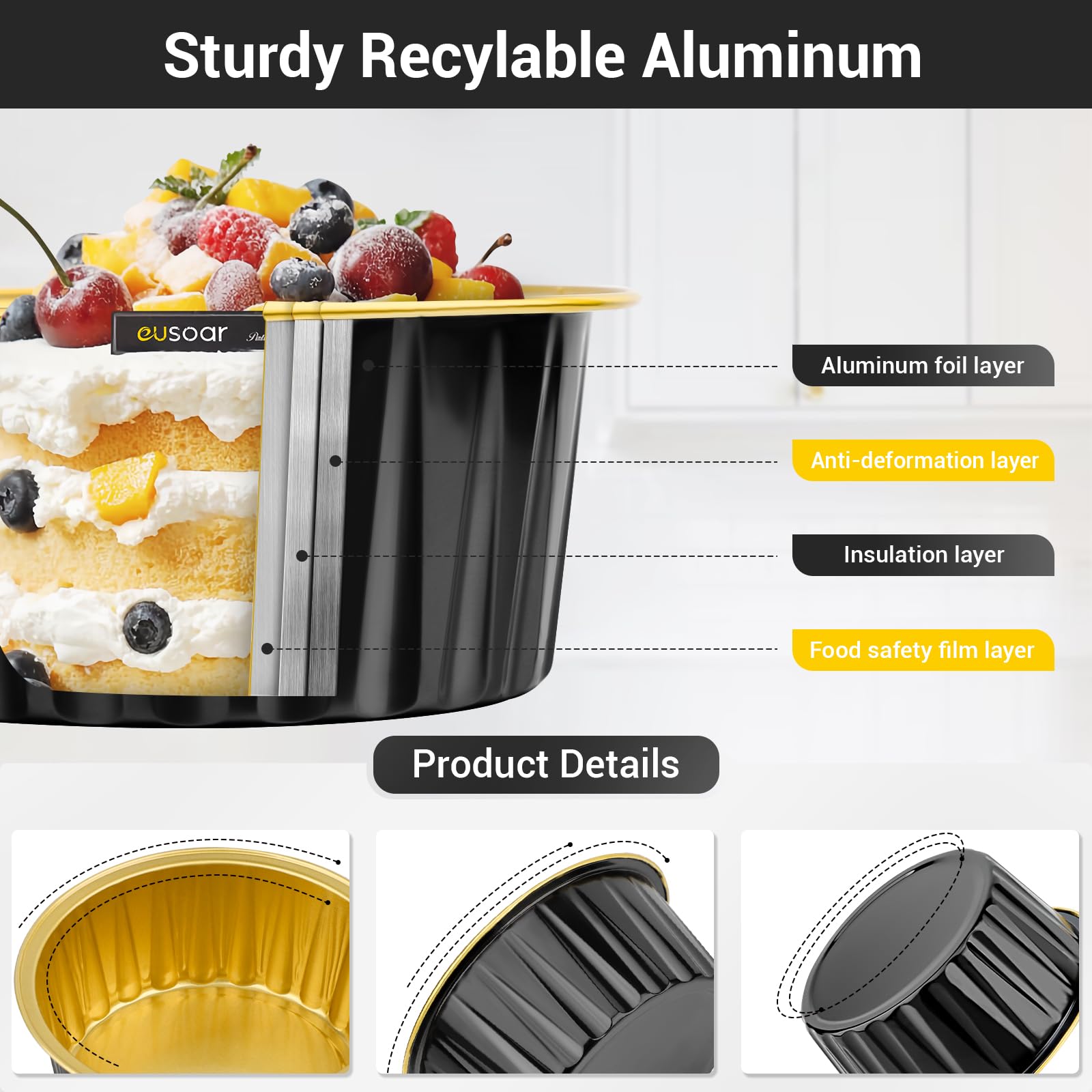 EUSOAR Ramekins with Lids, 25pcs 5oz Cupcake Liners Aluminum Foil Baking Dessert Cups Holders, Mini Muffin Creme Brulee Disposable Ramekins Cheesecake Pan for Catering Wedding Party Favor-Black&Gold