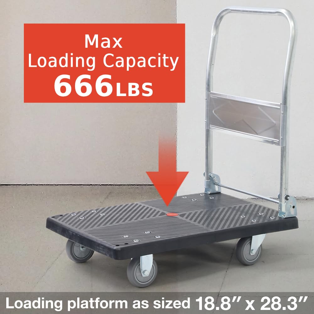 Japard Push Cart Dolly 660lbs Foldable Heavy Duty, Moving Utility Platform Hand Truck with Wheels 360 Degree Swivel, 18.8"x28.3"x33", Black
