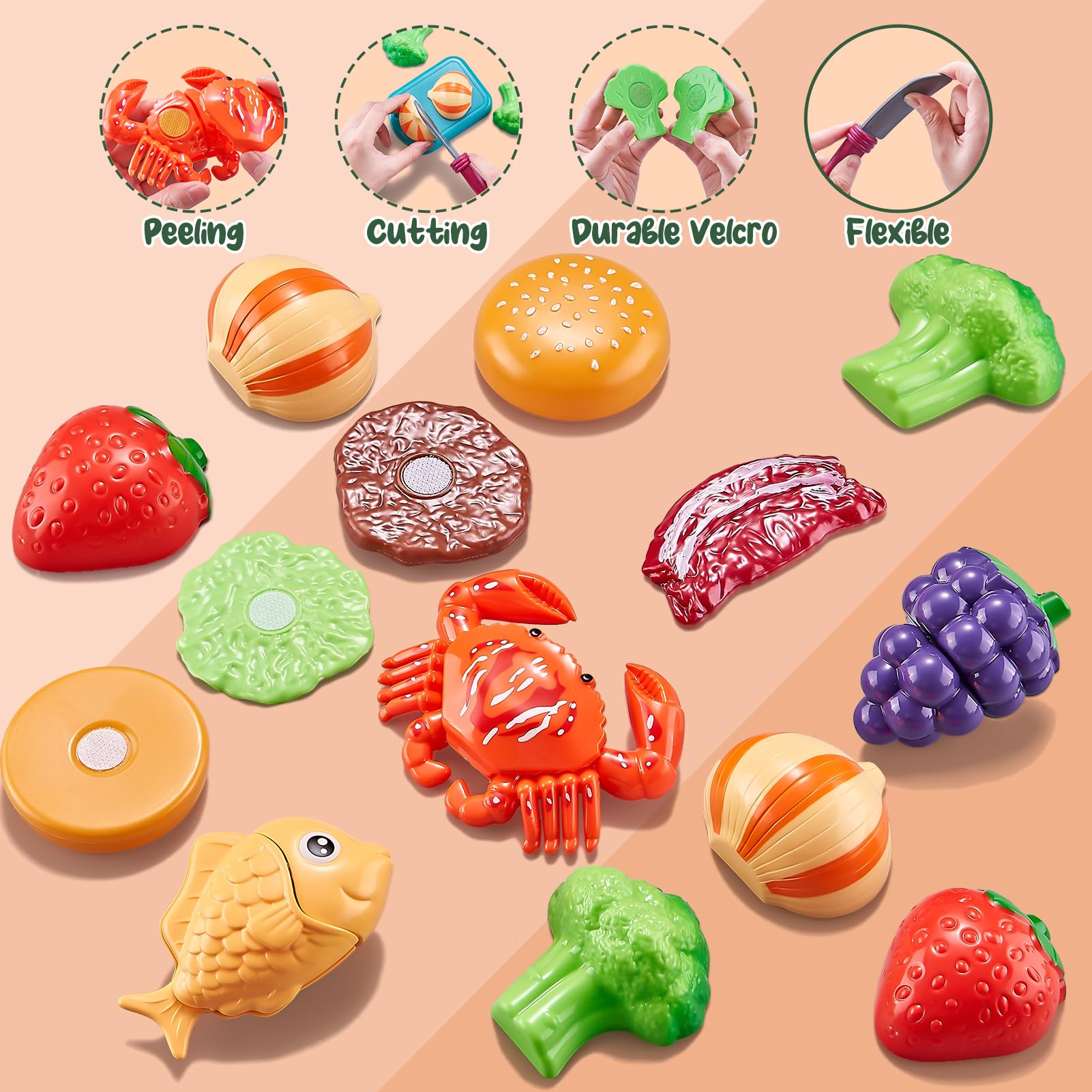 Comirth Play Kitchen Accessories – 48Pc Kitchen Toys, Kids Kitchen Playset with Kids Pots and Pans Playset, Pretend Play Food Fruit, Veggies, Pizza, Cooking Toys & Utensils, Kitchen Set for Kids Gift