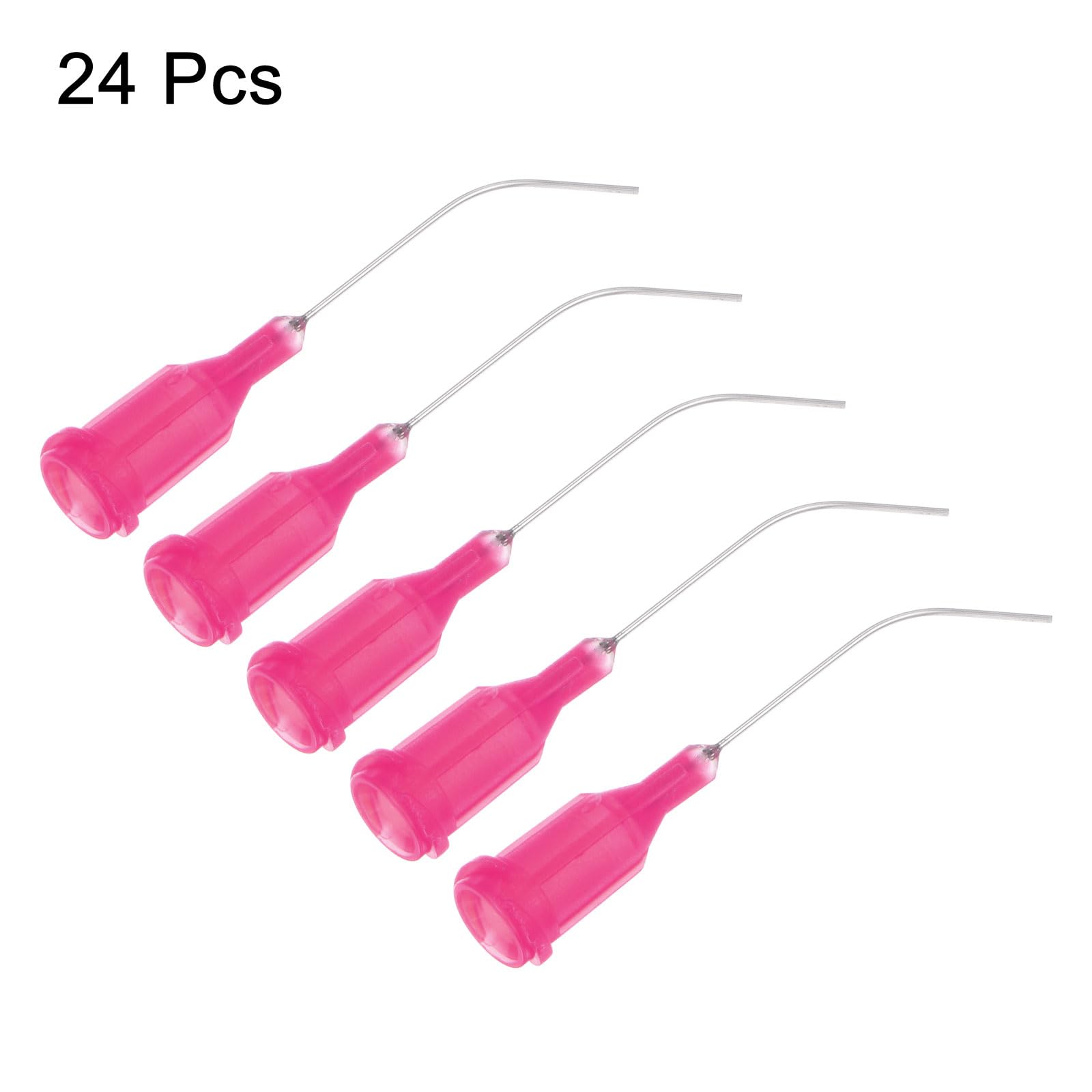 HARFINGTON 24pcs Blunt Tip Dispensing Needle 25 Gauge 1 Inch Screw Interface Bent Flow Design Bent Dispensing Tips with Luer Lock for Adhesive Glue Dispensing, Red