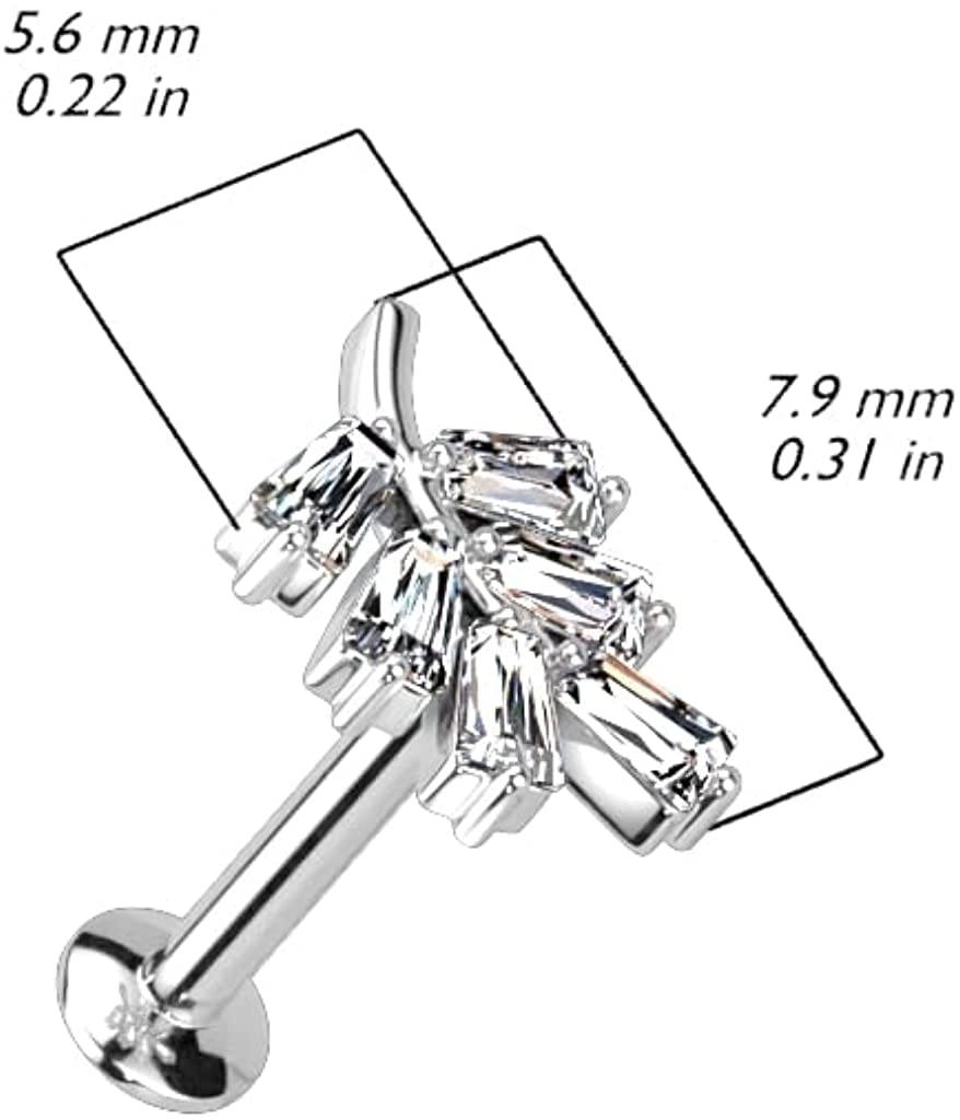 CZ Leaf Threadless Push in Top 316L Surgical Steel Labret, Convex Back Stud (16GA, L: 1/4" (6mm), Gold)