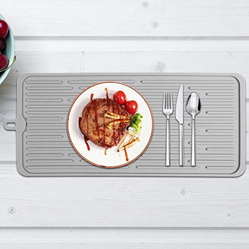Silicone Dish Drying Mat 18βx8β, Heat Resistant Trivets for Kitchen Counter, Draining Mat, Sink Mat, Hot Pads for Multiple Usage (Light Grey)