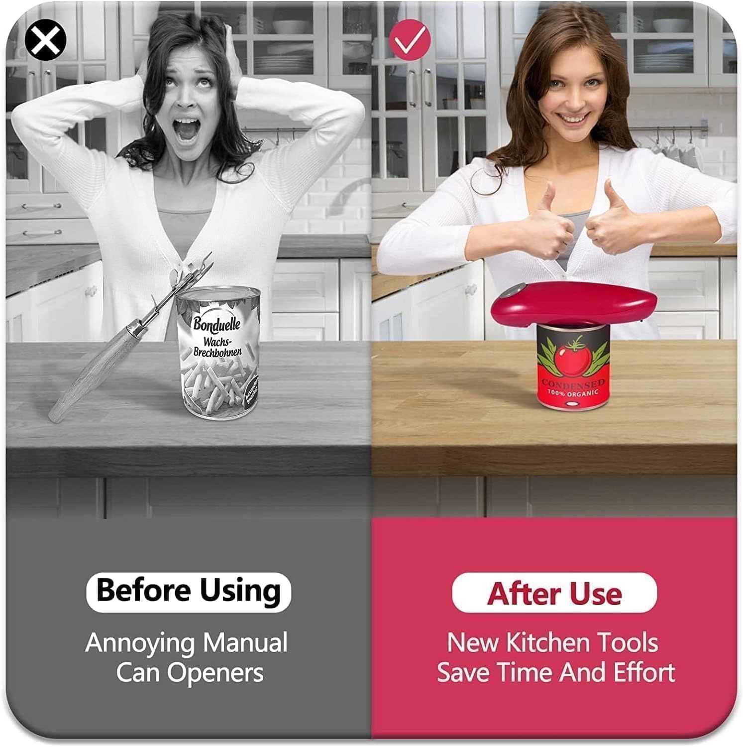 Electric Can Opener, One Touch Switch Automatic Can Opener Smooth Edge,Electric Can Openers For Seniors With Arthritis,Can Opener Battery For Almost Size Cans, Red