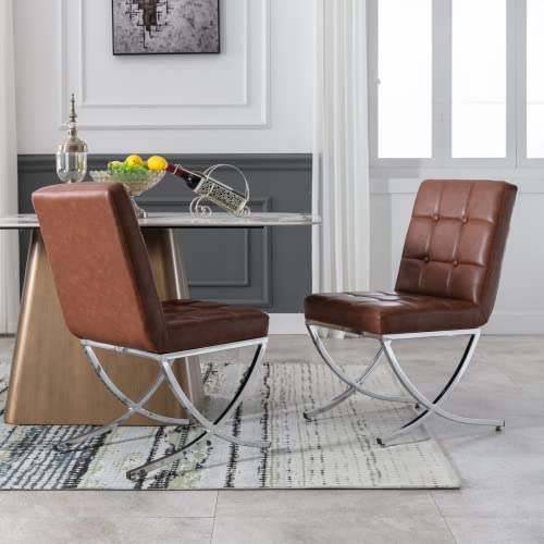 LukeAlon PU Leather Dining Chairs Set of 2, Upholstered Button Tufted Dining Room Chairs with Metal Legs Modern Armless Dinner Chairs Comfy Side Chairs for Kitchen, Brown