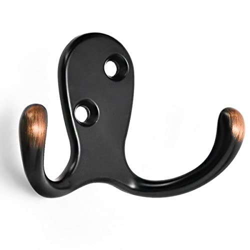 HOMOTEK 4 Pack Heavy Duty Coat Hooks Wall Mounted Double Prong(Left and Right) Rustproof Coat Hooks Hardware Retro Dual Robe Hanger for Coat,Towel, Scarf, Hat, Bag, Key, Shoes, Oil Rubbed Bronze