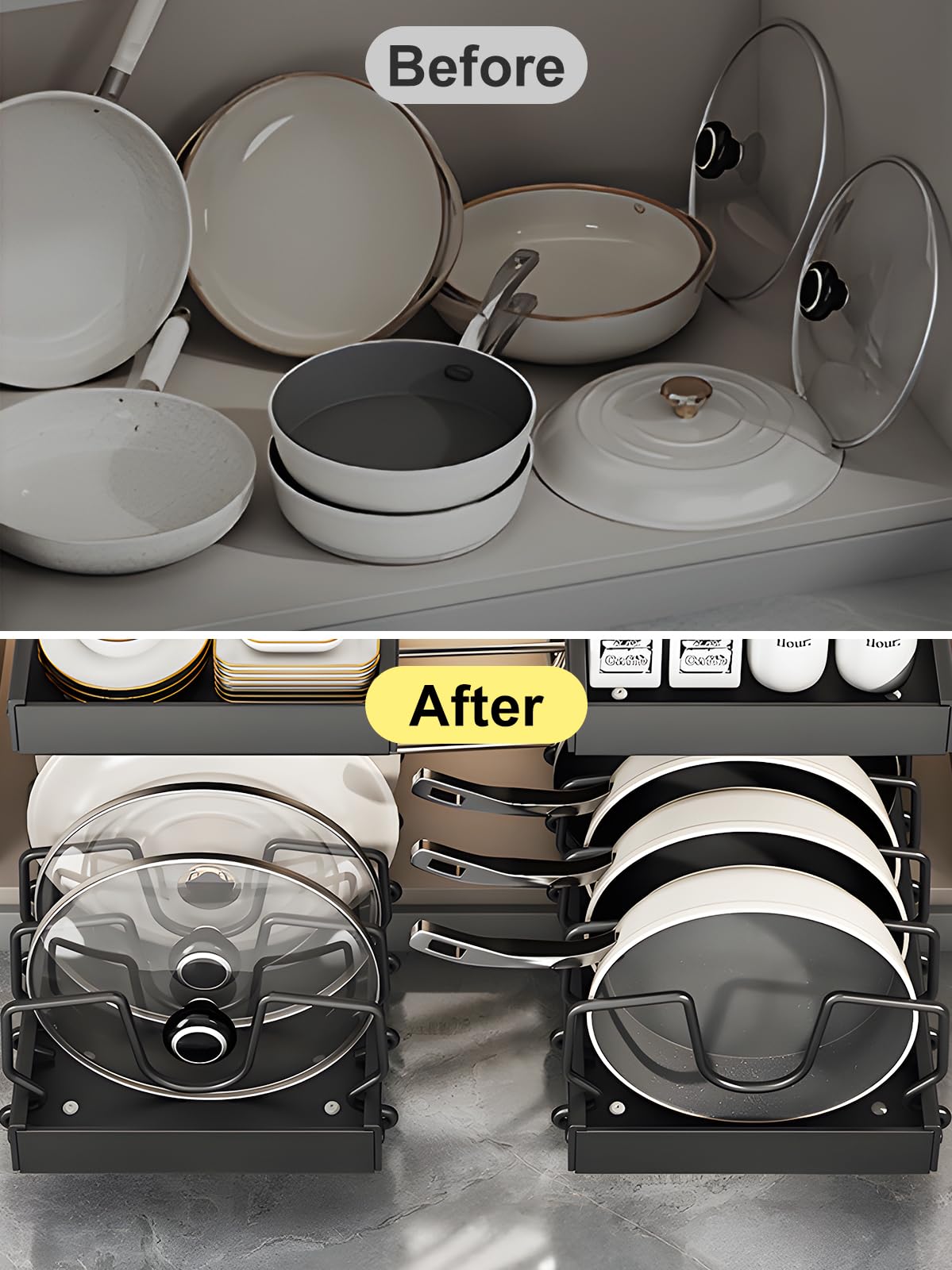 HOTEC Pull Out Pots and Pans Organizer for Kitchen Cabinets β Versatile Under-Cabinet or In-Cabinet Pot Lid and Pan Rack with 8 Adjustable Dividers, Adhesive Nano Strip/Screw Installation