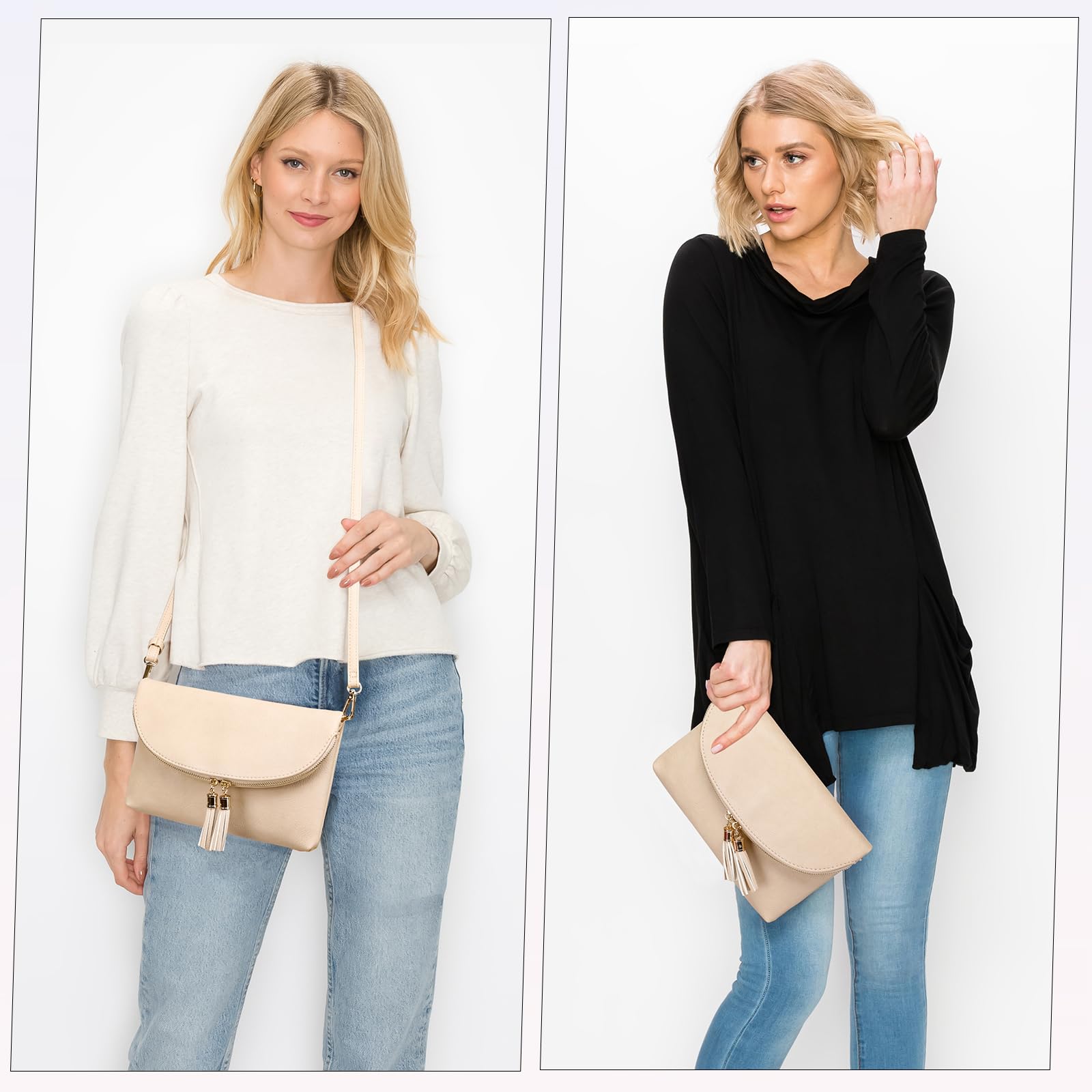 Solene Women's Envelop Clutch Crossbody Bag With Tassels Accent (WU075-Nude)