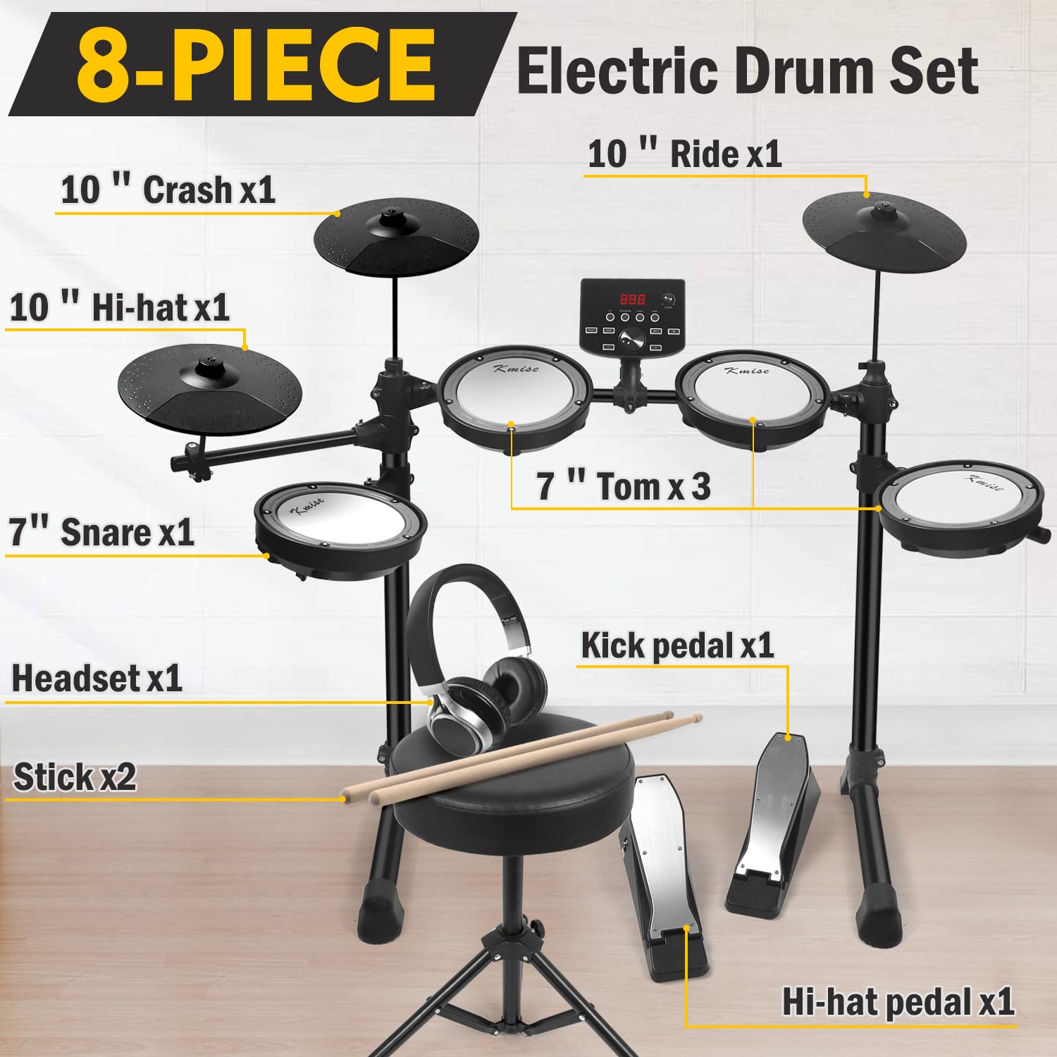Electric Drum Set-Kmise Professional 7-Piece Electronic Drum Set for Beginner Kids with USB MIDI Function,Mesh Drum Pads,Drumsticks,Headphone (162 Sounds+4 Drums+3 Cymbals)