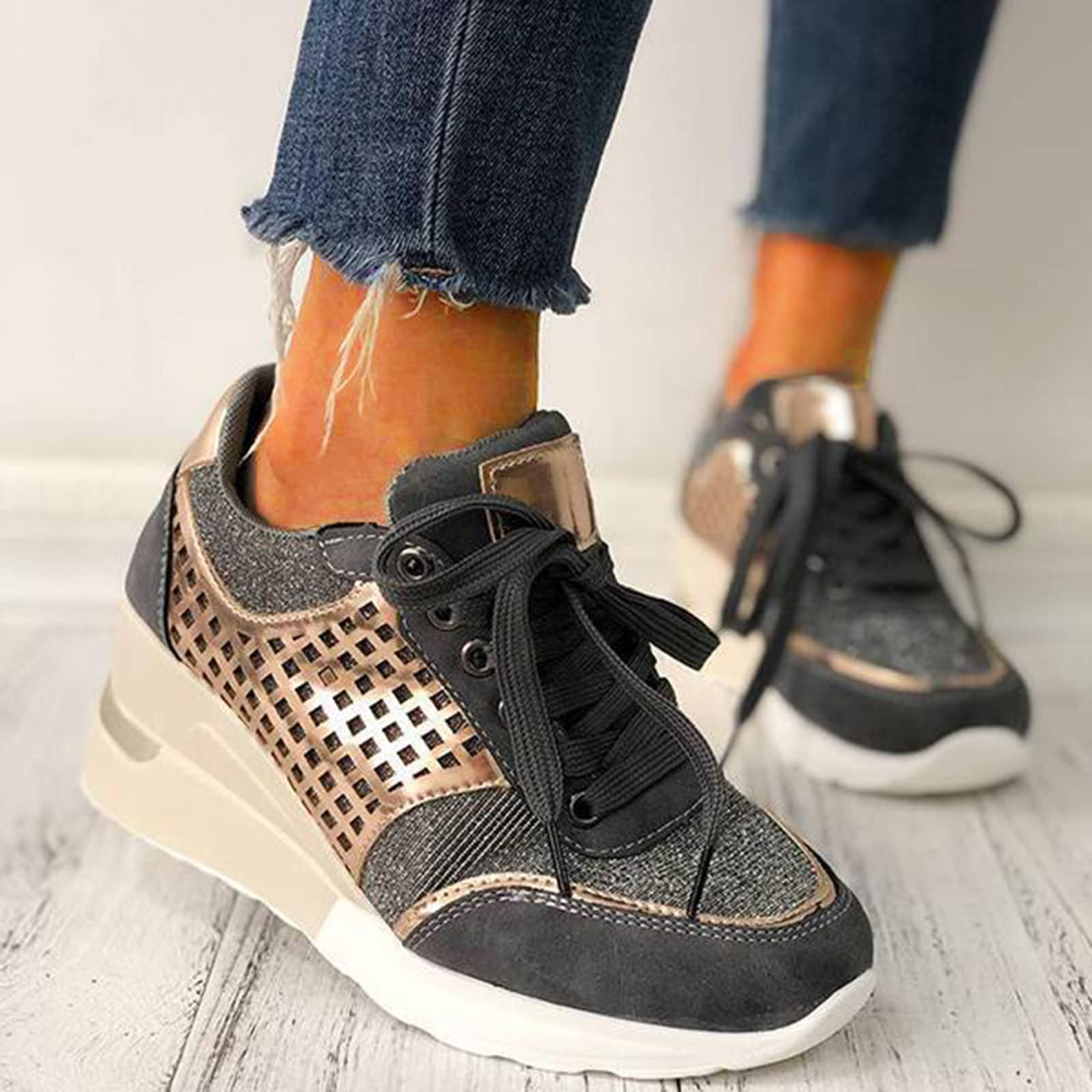 FASDNENDYS Ladies Fashion Leopard Print Leather Surface Breathable Casual Lace Up Wedge Close Toe Swim Shoes Grey