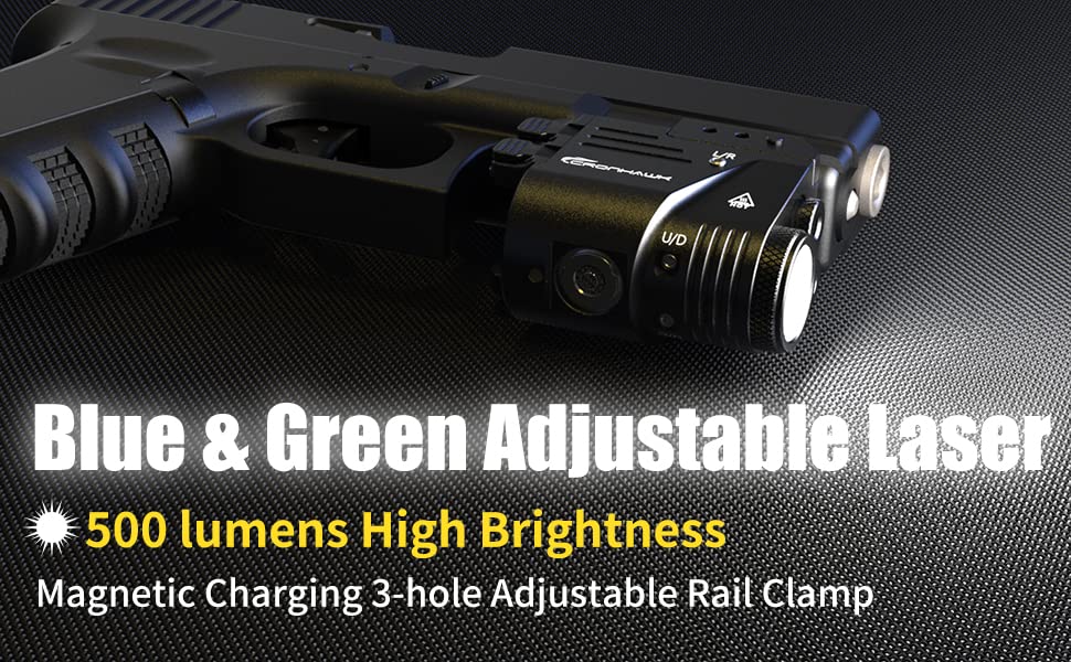 CRONHAWK 500 Lumen Blue Green Laser Light for Pistol, Rechargeable Rail Mounted Flashlight Laser Combo for Picatinny Rail, Magnetic Charging