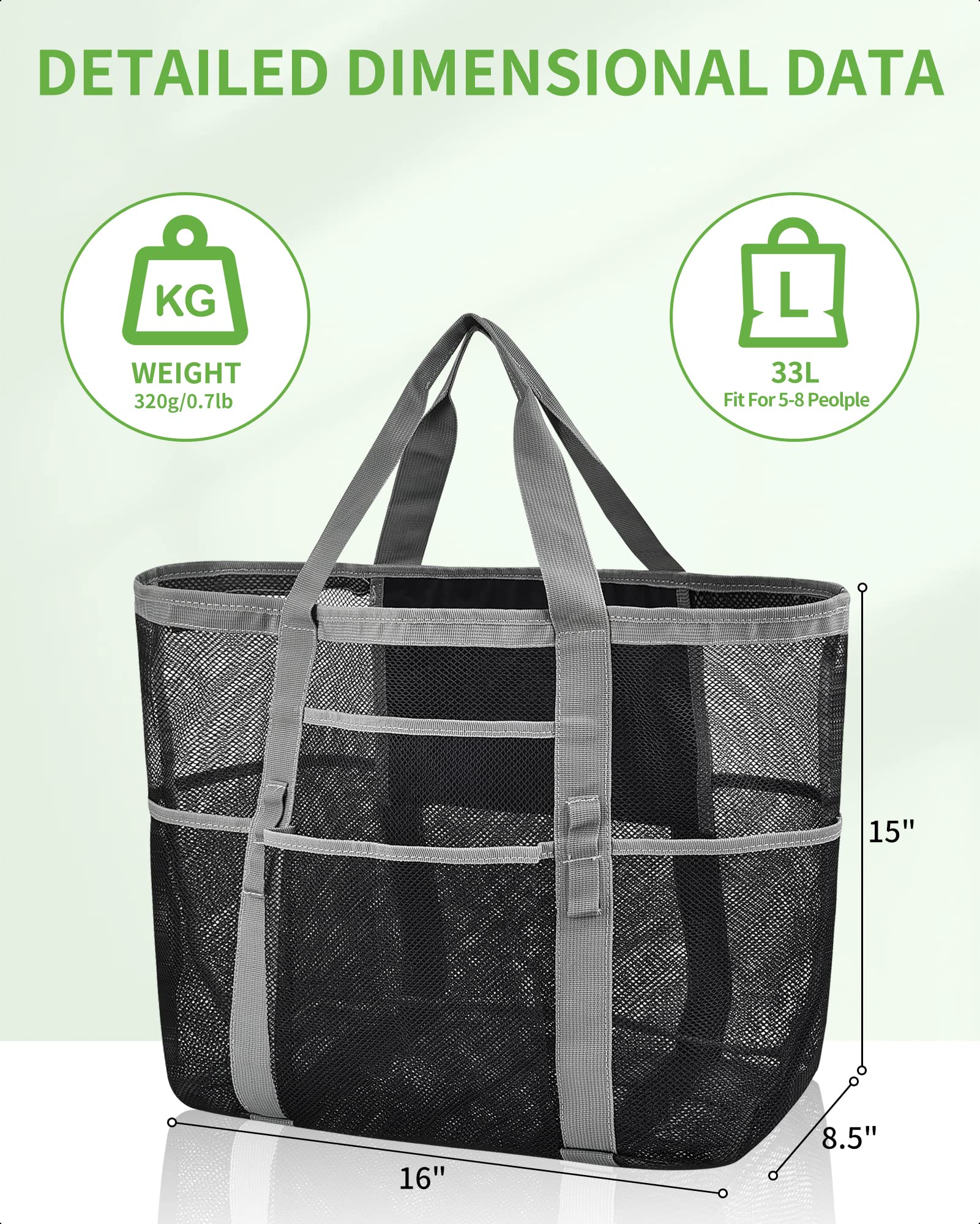 Extra Large Mesh Tote Bag with Multiple Pockets, Heavy Duty Beach Bag for Family Trip Camping Swimming