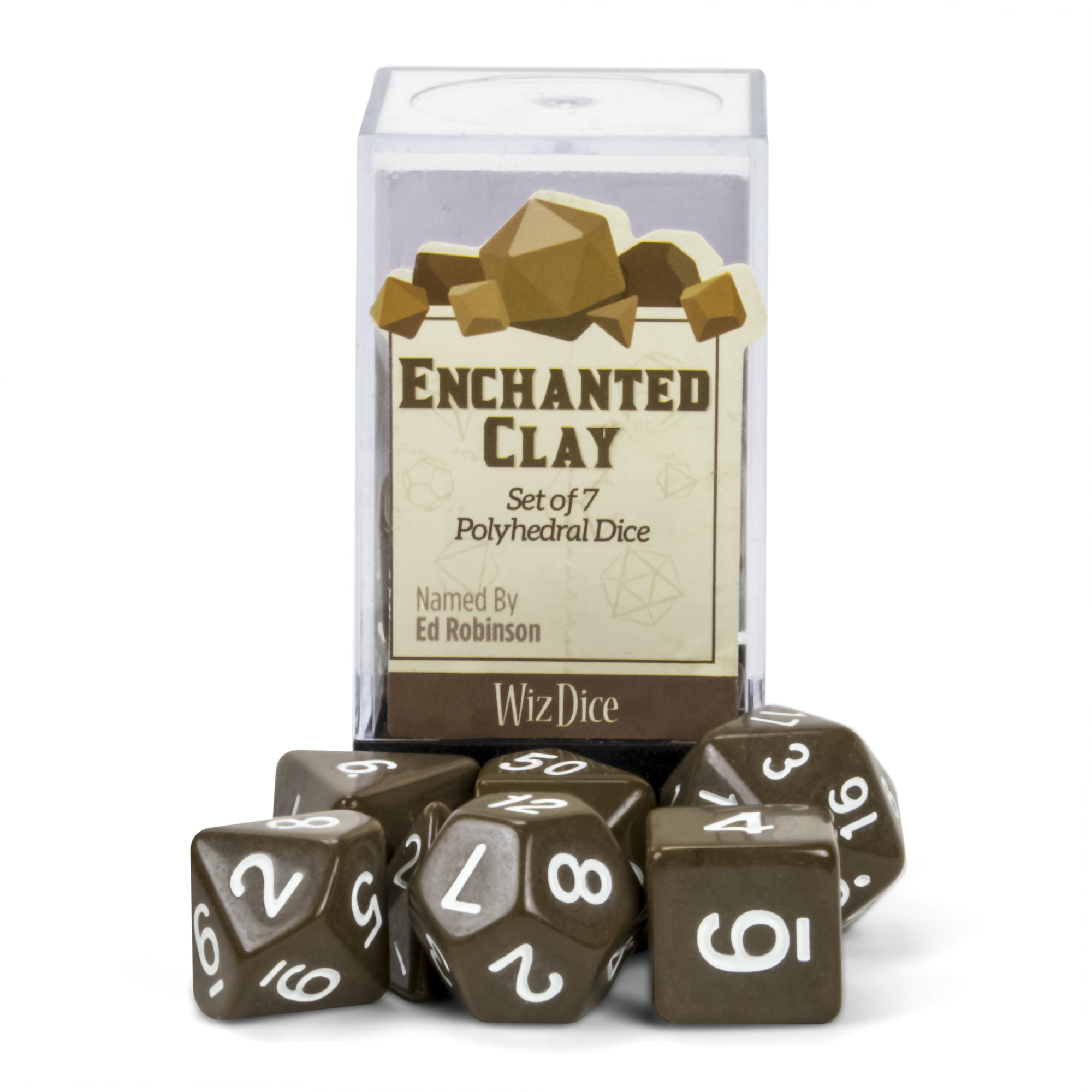 Wiz Dice Enchanted Clay Set of 7 Polyhedral Dice, Solid Army Brown RPG Dice with Clear Display Box