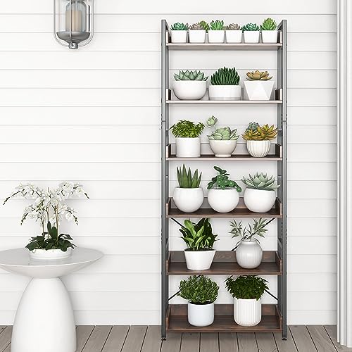 Tangkula 6-Tier Bookshelf, 70β Tall Industrial Bookcase w/Open Shelves & 4 Hooks, Storage Rack w/Metal Frame, Vintage Standing Display Rack for Study Living Room Kitchen (Rustic Brown, 6-Tier)