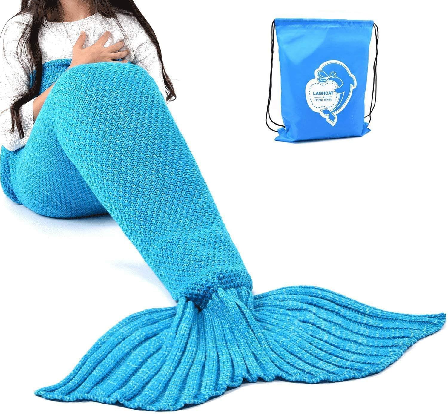 LAGHCAT Mermaid Tail Blanket Knit Crochet Mermaid Blanket for Adult, Oversized Sleeping Blanket, Wave Pattern. (Pink, 71"x35.5")