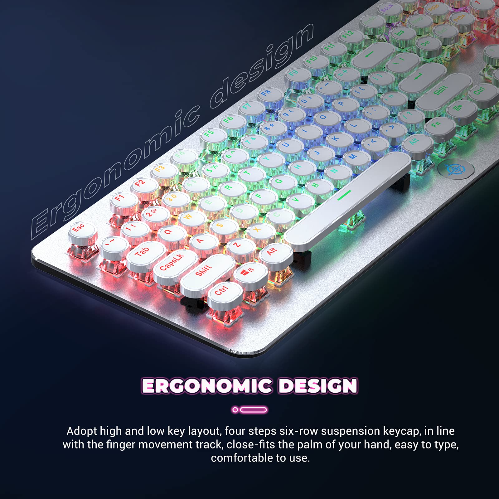STOGA Retro Mechanical Keyboard, Typewriter Keyboard, RGB Gaming Keyboard with RGB Backlit, Wired White Keyboard with Round Keycaps and Multimedia Keys for Gaming/Office(108 Keys, Brown Switch)