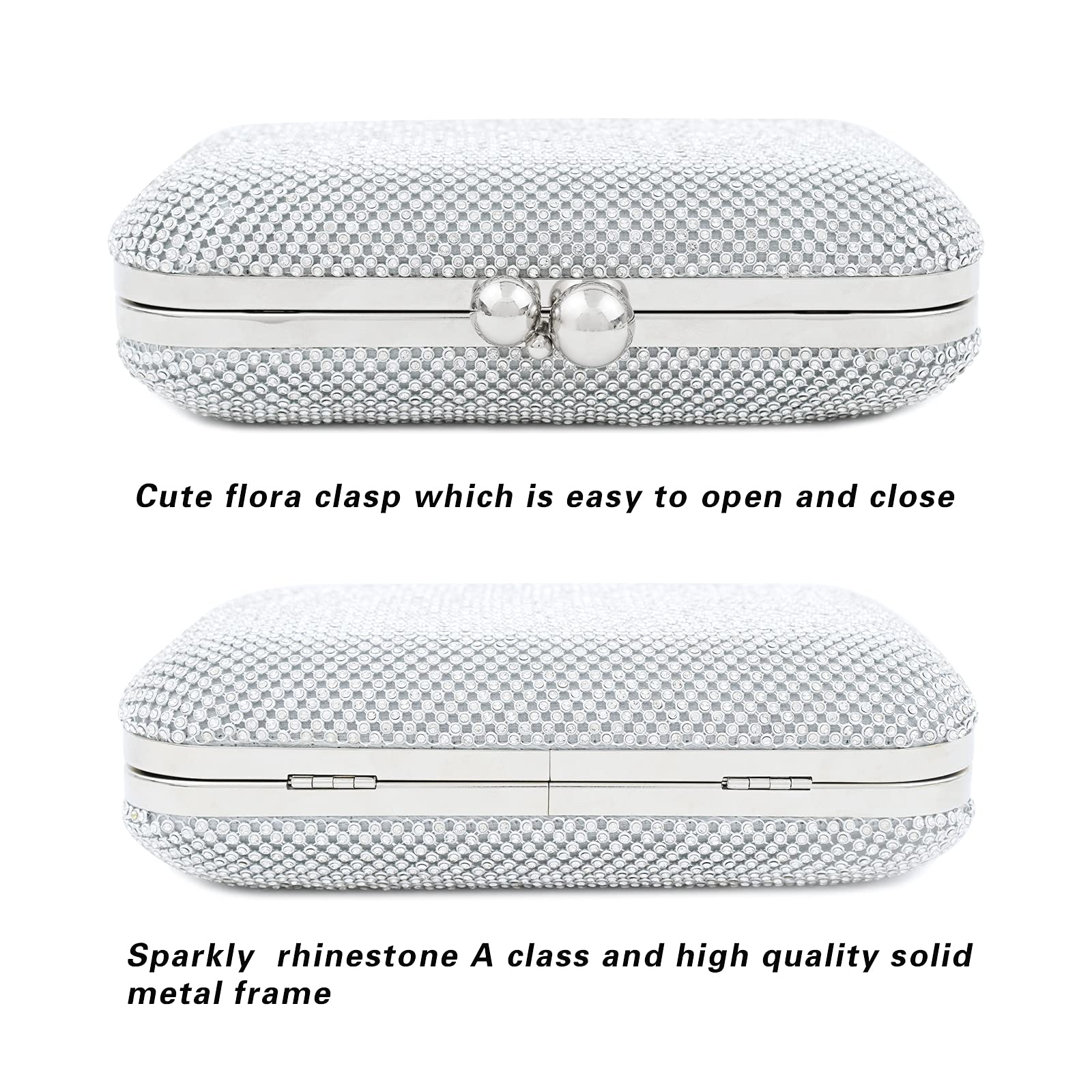 topfive Clutch Purses for Women Evening Bag Rhinestones Clutch Crystal Purse Party Bag with Flora Clasp Wedding Prom (silver-001)