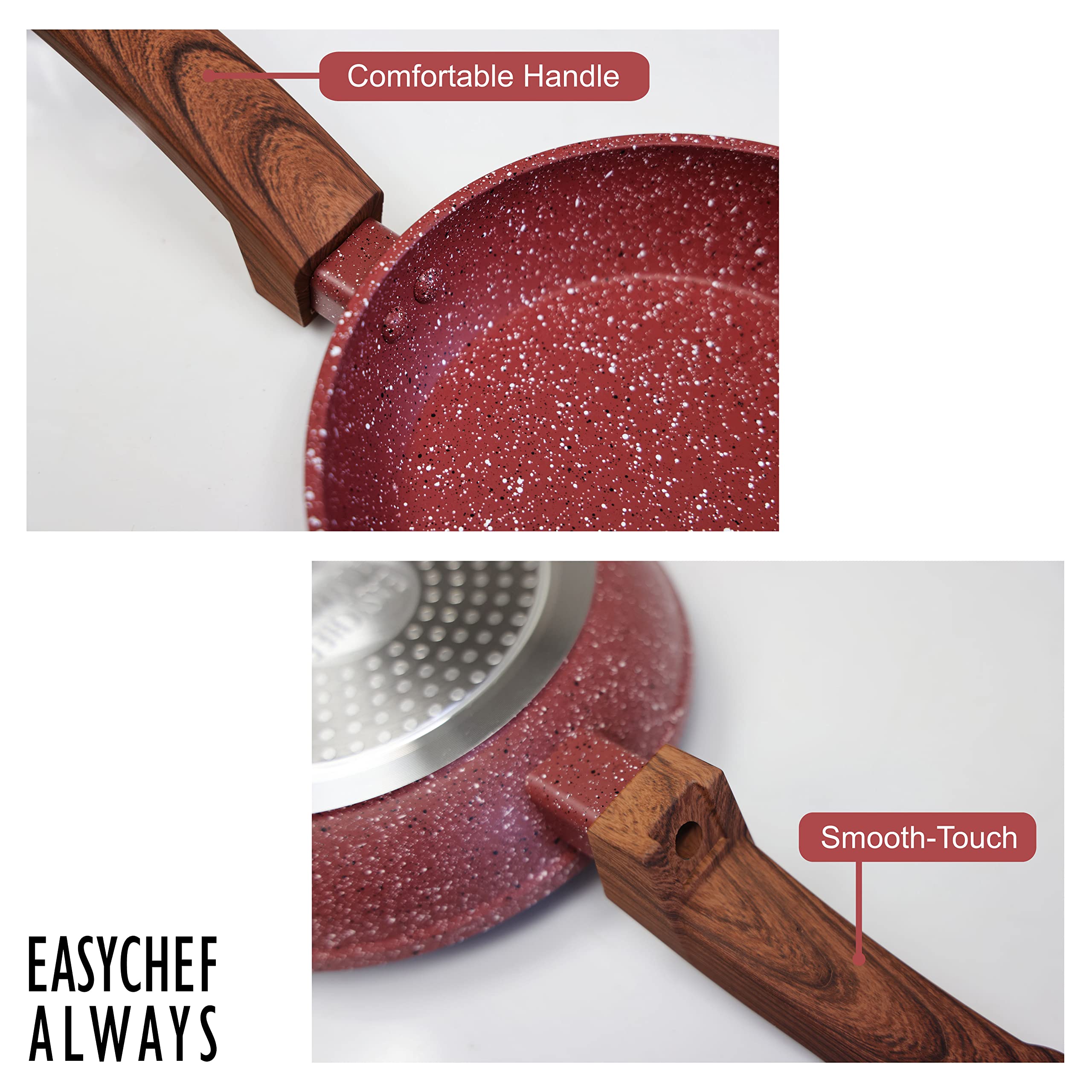 Easy chef always, Nonstick Frying Pan Skillet, 10inch, Non Stick Granite Red Coating, Egg Pan Fry Pan Omelet Pan Healthy Stone Cookware Chef’s Pan, PFOA Free, Induction Compatible