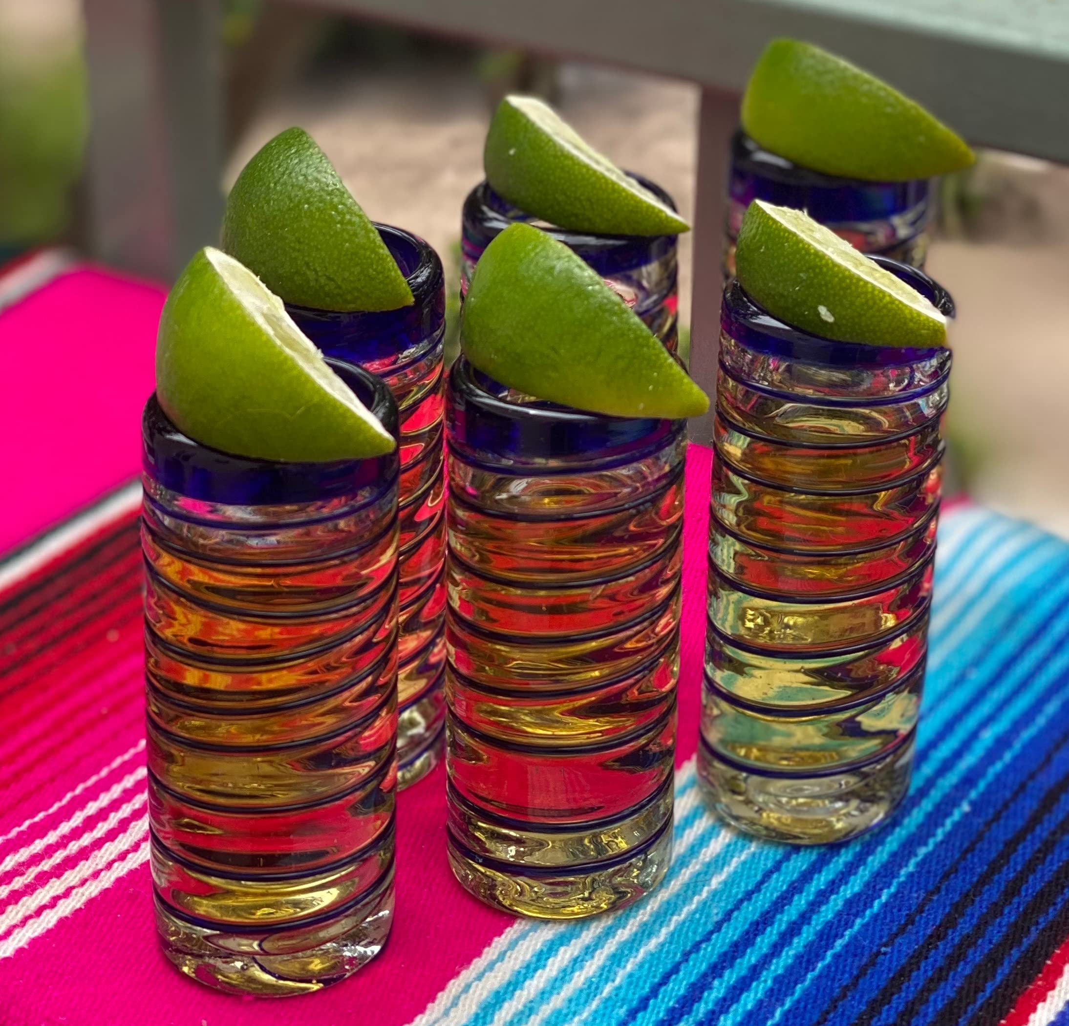 Dos Sueños Hand Blown Mexican Tequila Shot Glasses – Set of 6 Blue Spiral Tequila Shot Glasses (2 oz each) …