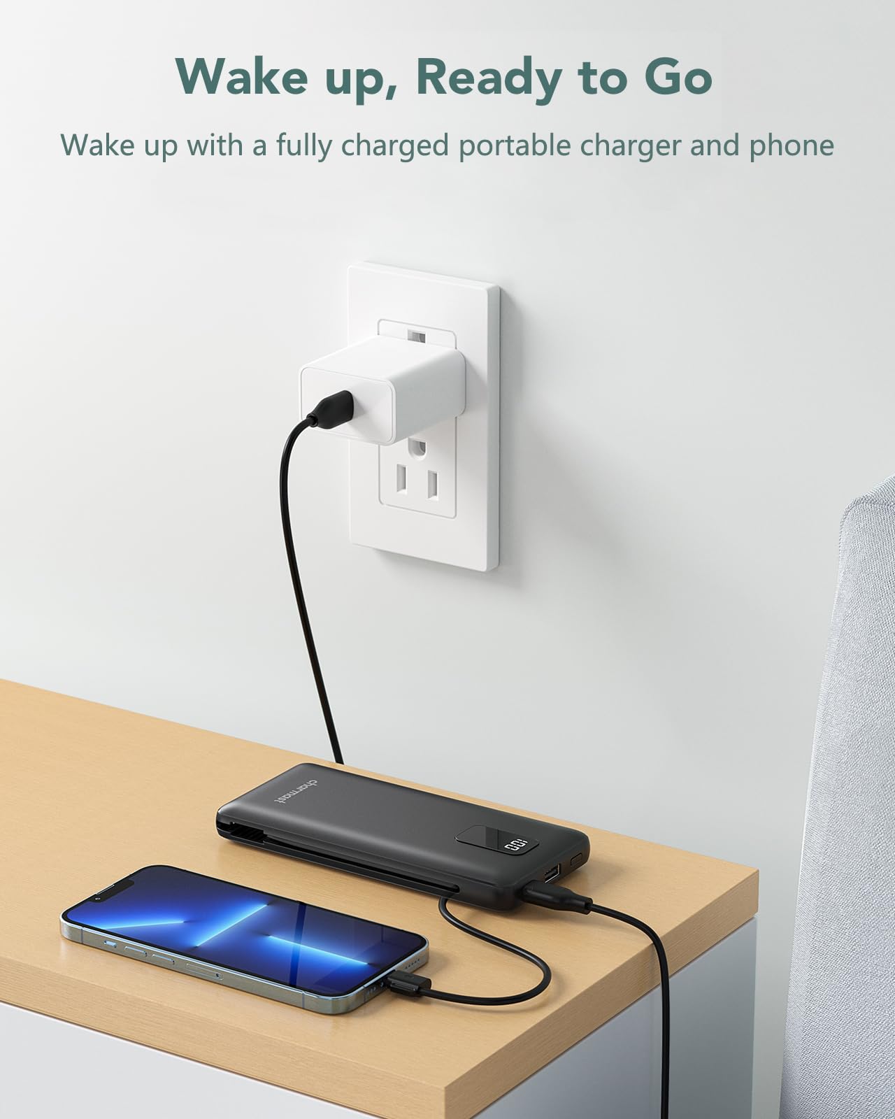 Charmast Portable Charger with Built-in Cables and AC Wall Plug, 10000mAh Compact Slim Power Bank, External Battery Pack, Travel Essentials Compatible with iPhone, Samsung, iPad, All Cellphones