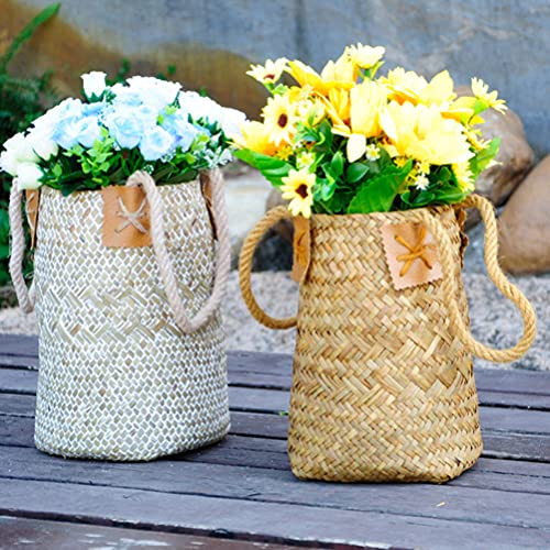 HANABASS Hanging Planters Hanging Flower Pot Multifunction Handmade Seagrass Braided Basket Flower Pot Desktop Storage Box Woven Laundry Basket(White Big) Hanging Indoor Planters Indoor Planter