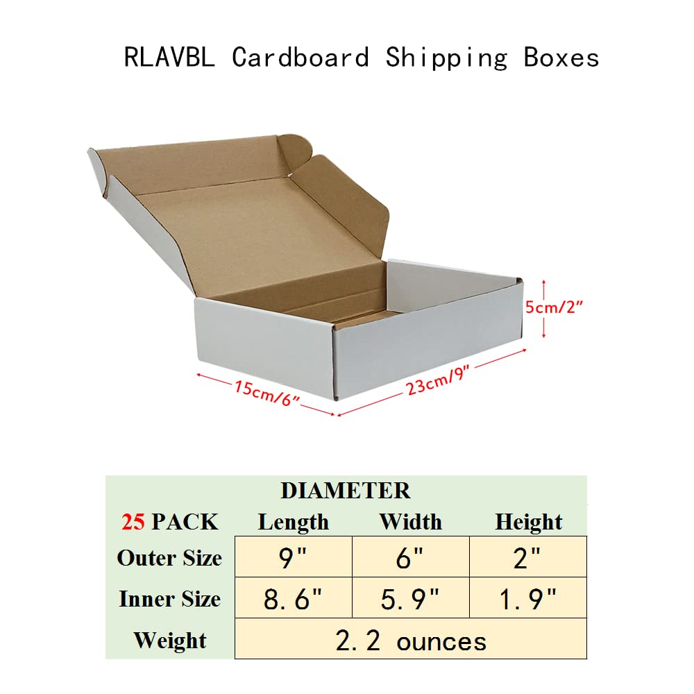 RLAVBL 9x6x2 Inches Shipping Boxes Set of 25, White Small Corrugated Cardboard Box, Mailer Boxes for Packing Small Business