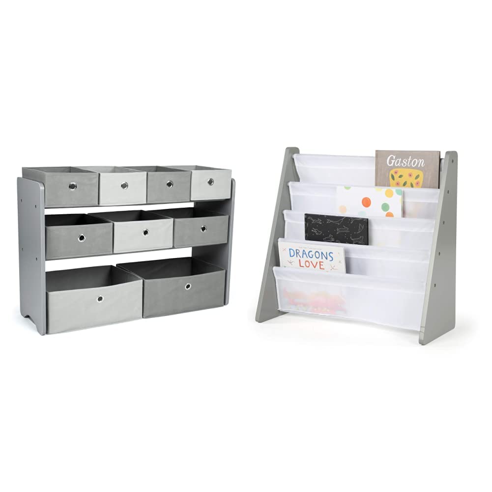 Humble Crew Kids Toy Organizer with 9 Storage Fabric Bins, Grey & Grey/White Kids Book Rack Storage Bookshelf, 4 Tiers