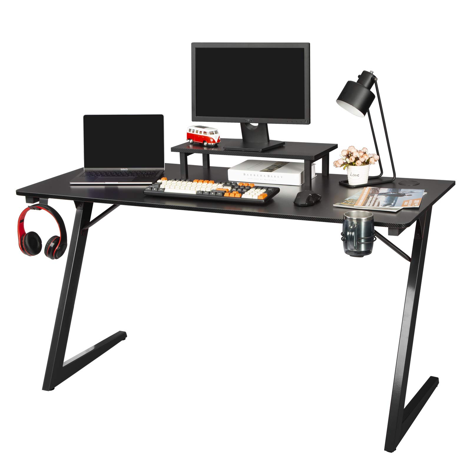 TOPSKY Gaming Computer Desk Home Office Gaming Table with Cup Holder Headphone Hook Z Shaped Leg(55β, All Black)