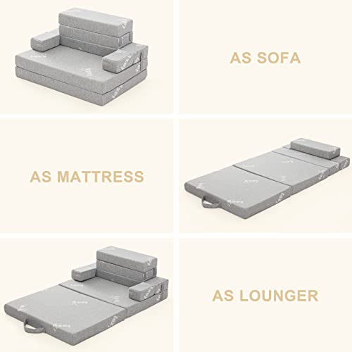 Lazyzizi Sleep 4 Inch Foldable Mattress, Portable Floor Mattress Couch with Headrest, Washable Cover, Foldable Foam Couch Queen for Guest Bed, Folding Sofa Bed, Camping, Road Trip, Light Grey
