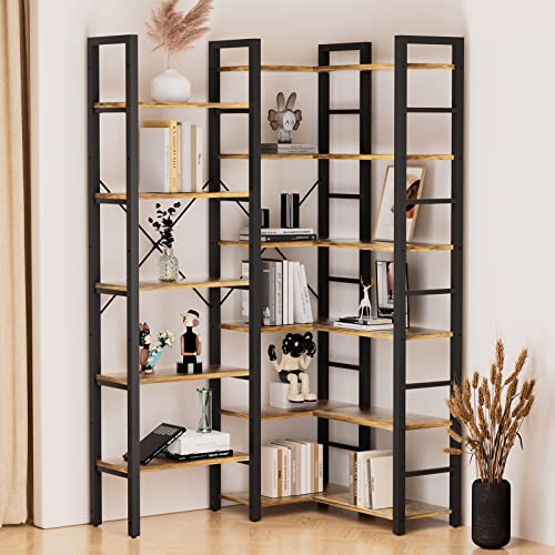 oneinmil Triple Wide 6-Shelf Bookcase Industrial Vintage Wood Style Large Open Bookshelves for Home&Office, Rustic Brown (6 Tier, Rustic Brown)