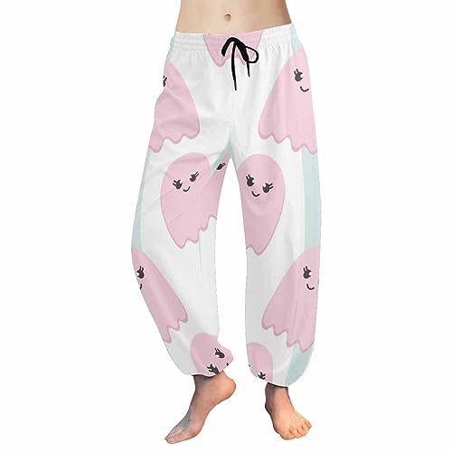 InterestPrint Halloween Pattern of Flying Ghosts Women's Dance Harem Pants S-ummer Baggy Slacks Drawstring Lounge Harem Pants with Pockets S