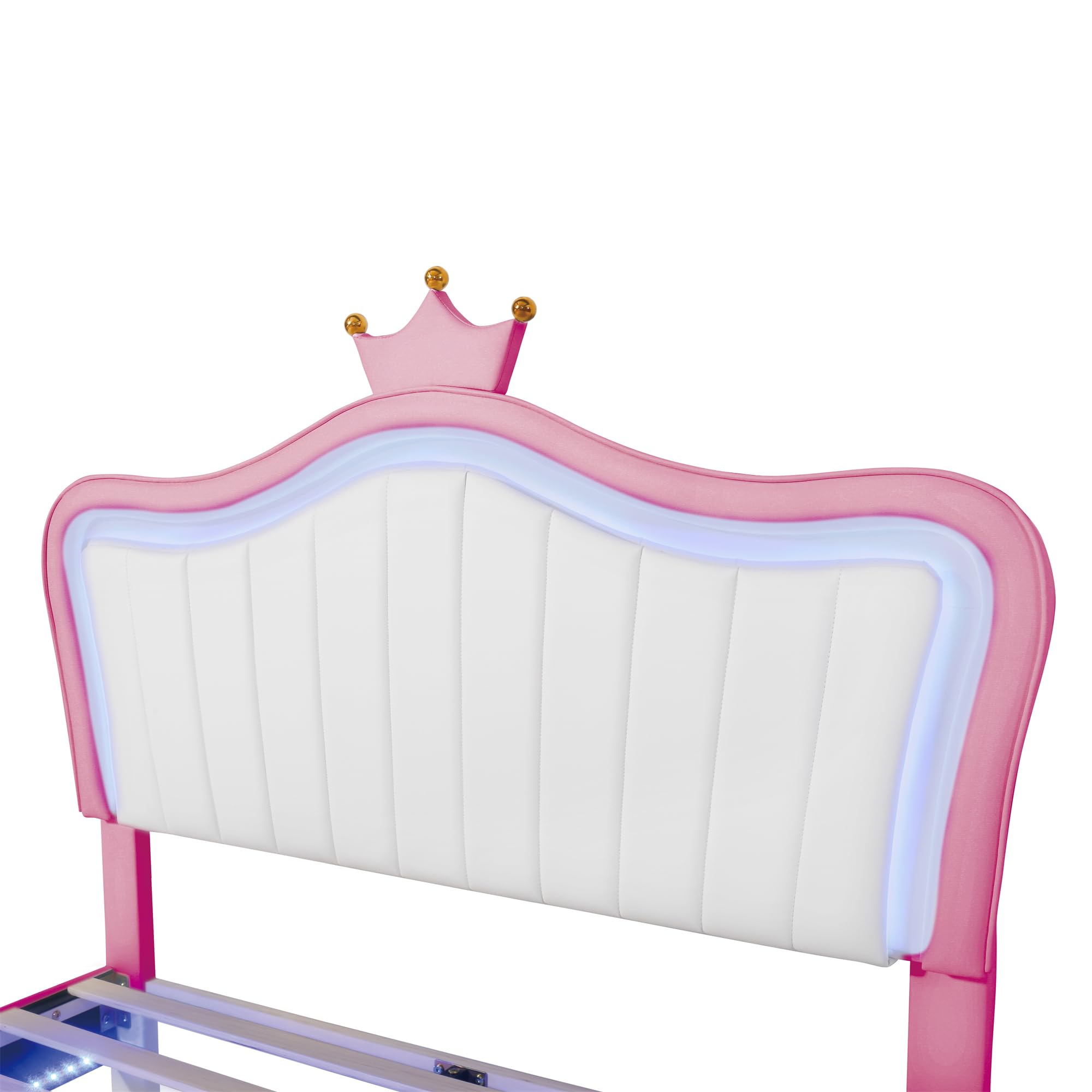 Harper & Bright Designs Full Size Princess Bed with Crown Headboard and LED Lights, PU Upholstered Full Platform Bed with Adjustable Headboard, Kids Full Size Bed Frame for Boys Girls (White+Pink)