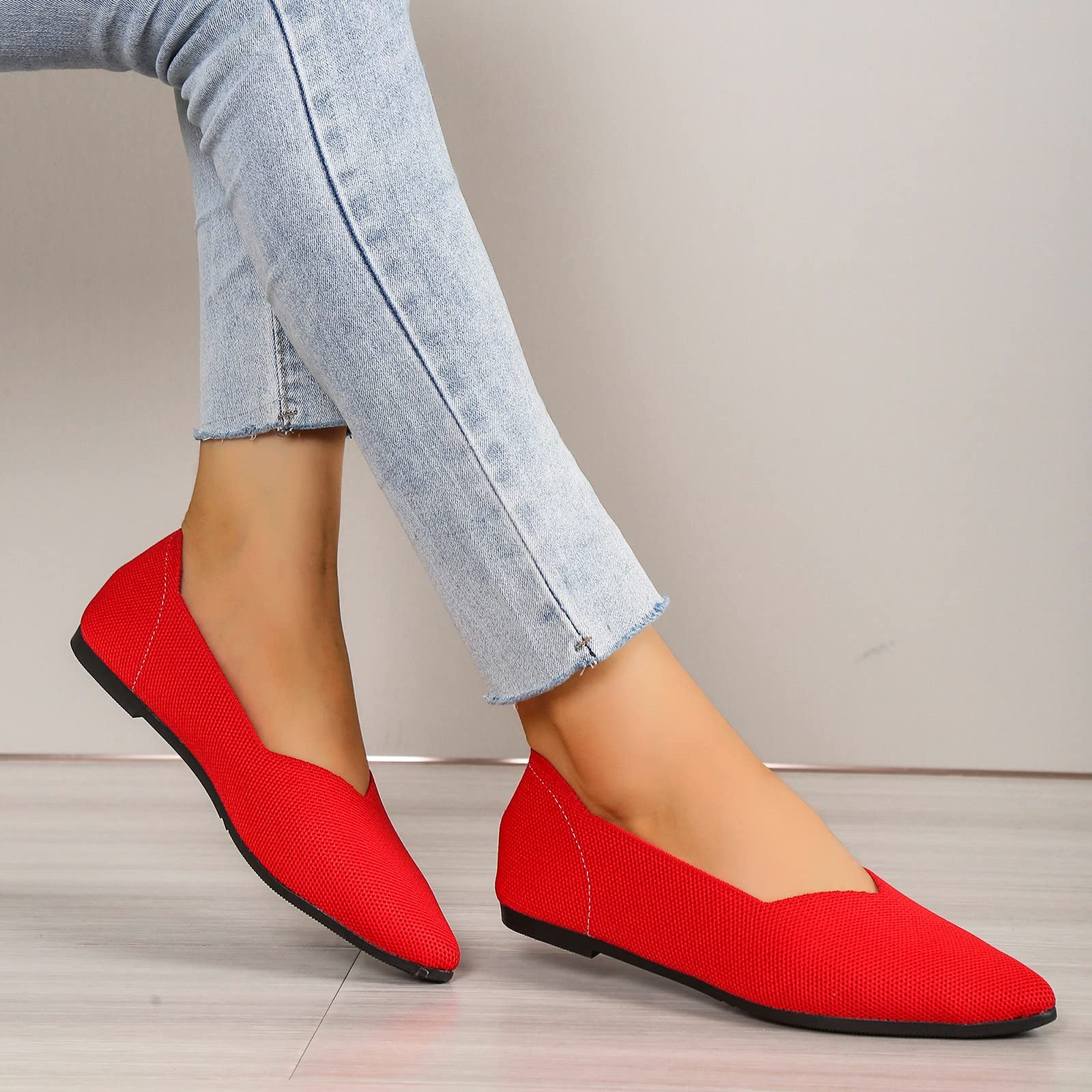 FASDNENDYS Ladies Fashion Solid Color Breathable Mesh Pointed Comfort Flat Casual Shoes Mens Shoes Red