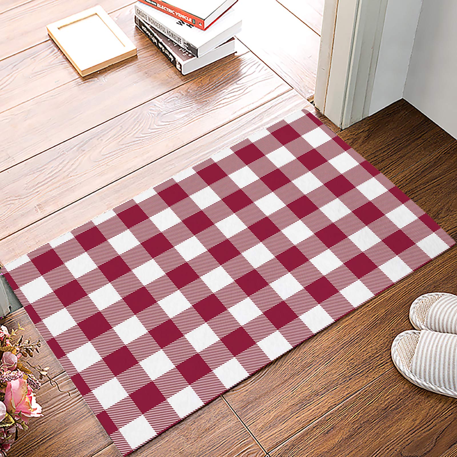 Door Mat for Bedroom Decor, Red Lattice Floor Mats, Holiday Rugs for Living Room, Absorbent Non-Slip Bathroom Rugs Home Decor Kitchen Mat Area Rug 18x30 Inch