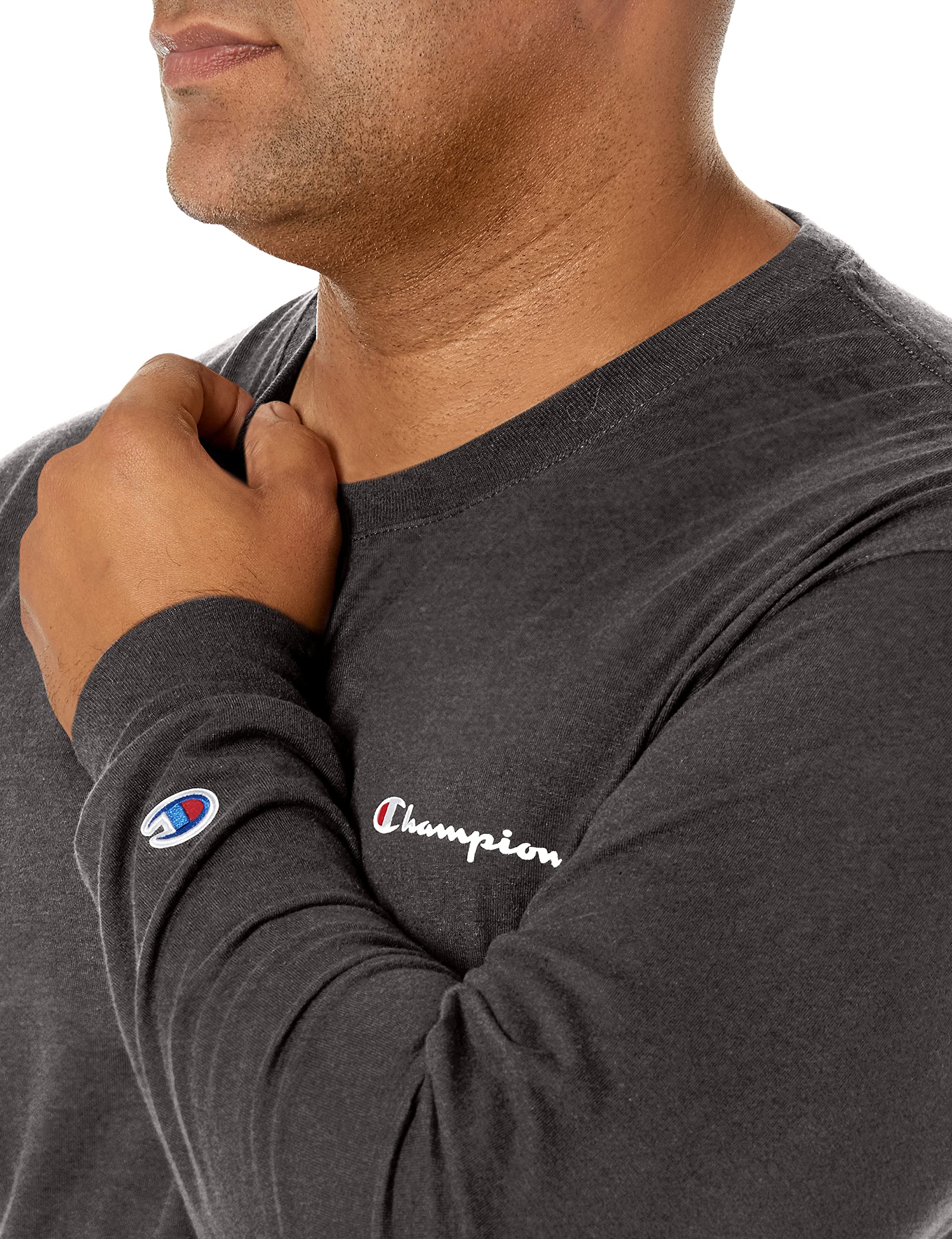 Champion Men's Classic Long Sleeve Tee, Granite Heather Small Script, Medium