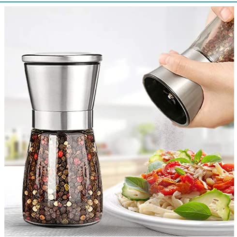 Ebaco Professional Pepper Grinder - with Germany Hardened Carbon Steel Mechanism Rotor, Refillable Pepper Mill 6OZ Glass Adjust Coarseness (1PCS-Sliver-304)
