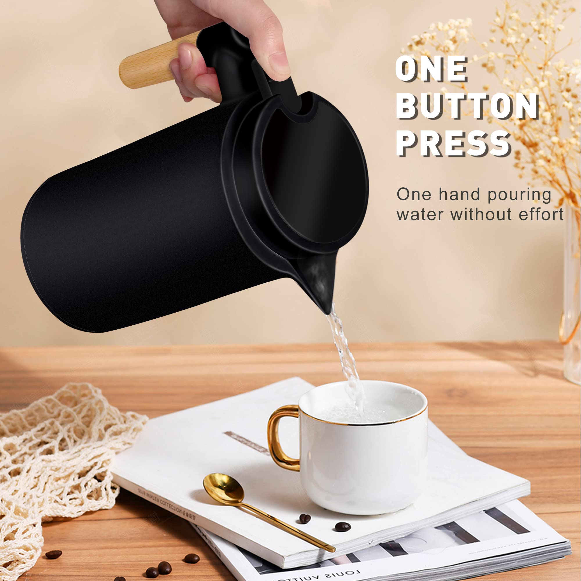 CUDINHAM Thermal Coffee Carafe,24H Long-Lasting Heat Preservation Coffee Carafes for Keeping Hot, 34Oz/1L, One-Button Water Spout, Double Wall Vacuum Coffee Thermos with Solid Wood Handle.(Black)