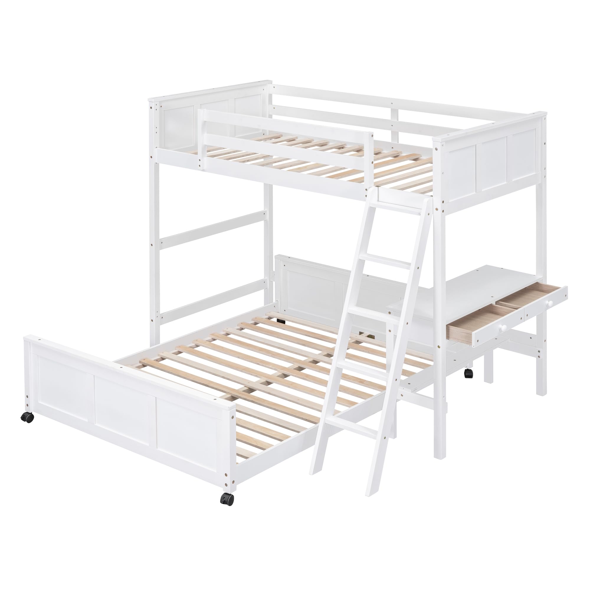 Harper & Bright Designs Twin Over Full Bunk Beds with Desk and Drawers, Wood Twin Size Loft Bed with Removable Full Platform Bed Frame, Bunk Bed with Ladder for Kids Girls Boys, White