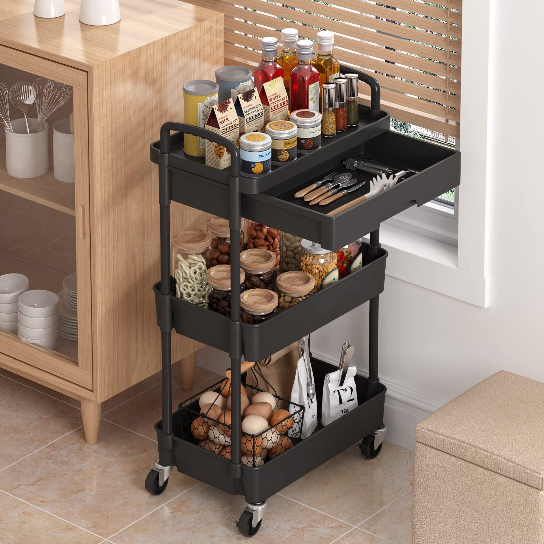 Dttwacoyh 3-Tier Rolling Cart,Trolley with Drawer, Multifunctional Storage Organizer with Plastic Shelf & Metal Wheels, Kitchen Storage Cart for Living Room, Kitchen, Office, Bathroom, White