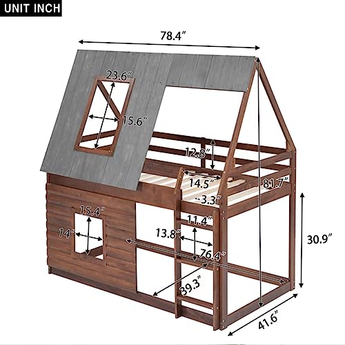 Merax Twin Over Twin Bunk Bed Wood Frame with Roof, Ladder and 2 Windows for Kids Teens Girls Boys,Oak & Smoky Grey
